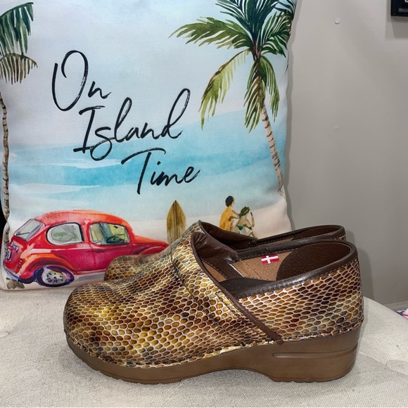 Sanita | Shoes | Sanita Metallic Brown Snakeskin Embossed Wedge Clog ...